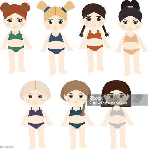 다른 헤어 스타일 눈 색깔 머리와 수영복을 가진 여자의 종이 인형 세트 갈색에 대한 스톡 벡터 아트 및 기타 이미지 갈색
