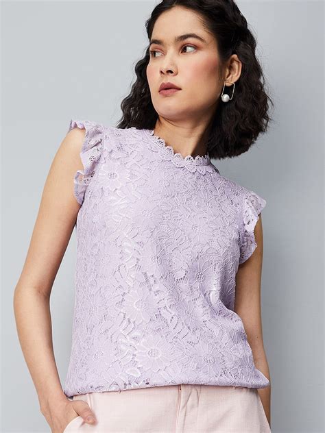Buy Max Self Design Flutter Sleeve Lace Up Cotton Top Tops For Women
