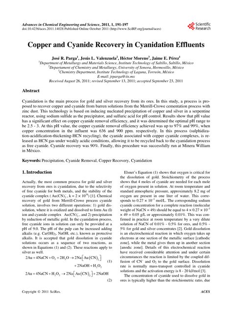Pdf Copper And Cyanide Recovery In Cyanidation Effluents