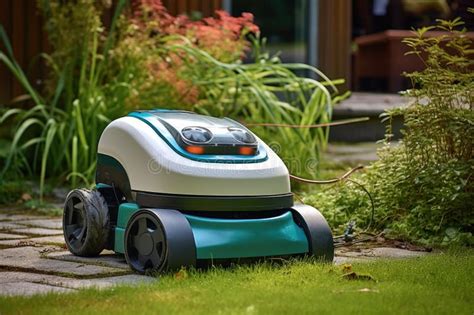 robotic lawn mower charging at its docking station stock illustration