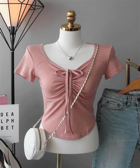 [글램핏 몸매보정~셔링 스판굿~리본 셔링반팔티] 루시앙리본셔링반팔 에이블리