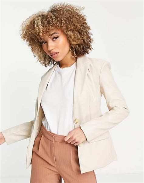 River Island Faux Leather Nipped Waist Dad Blazer In Cream Asos