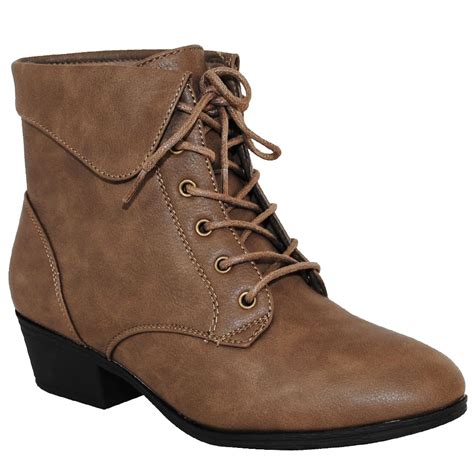 Top Moda Ec89 Womens Foldover Lace Up Low Chunky Heel Ankle Booties 8