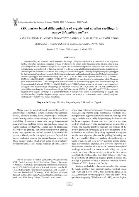Pdf Ssr Marker Based Differentiation Of Zygotic And Nucellar Seedlings In Mango Manera Indica