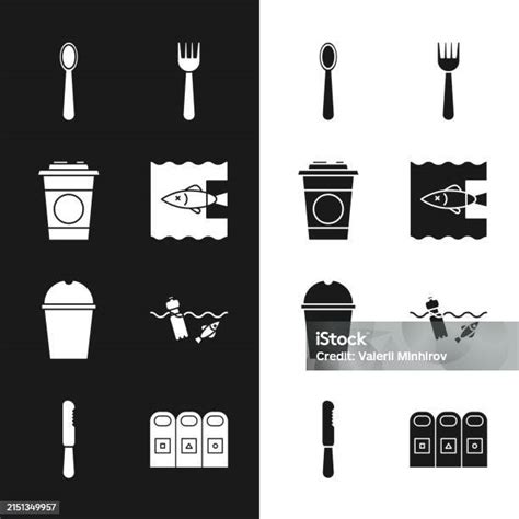 해양 플라스틱 오염 중지 종이 유리 일회용 숟가락 포크 물 문제 쓰레기통 분류 및 칼 아이콘을 설정합니다 벡터 0명에 대한 스톡 벡터 아트 및 기타 이미지 Istock