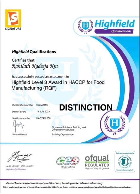 Rahilath Kadeeja On Linkedin Highfield Certificate Level 3 Haccp For
