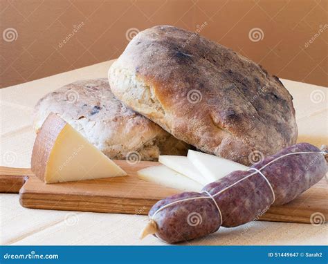 Rustic Wholesome Produce Bread Salami And Cheese Stock Image