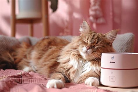 Relaxed Maine Coon Cat Purring Contently While Lounging At Home Stock