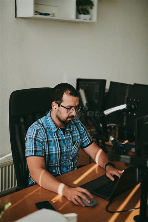 Portrait Professional Man Programmer Working Concentrated On Computer In Diverse Offices Modern
