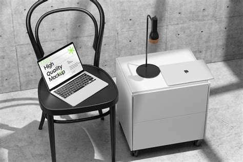 Premium Psd Exterior Background Laptop Mockup With Realistic Chair And Shadow