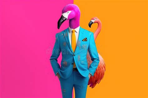 Flamingo In A Suit Modern Human Body With Flamingo Head In A Bright