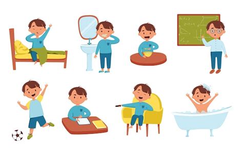 Premium Vector Set Of Daily Cute Boy Vector Illustration Daily Routine Schedule Isolated On A