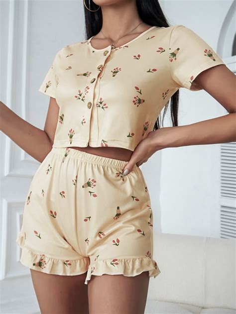 Apricot Cute Collar Short Sleeve Floral Short Sets Embellished Slight