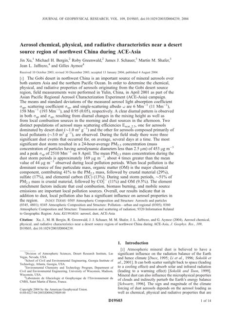 Pdf Aerosol Chemical Physical And Radiative Characteristics Near A