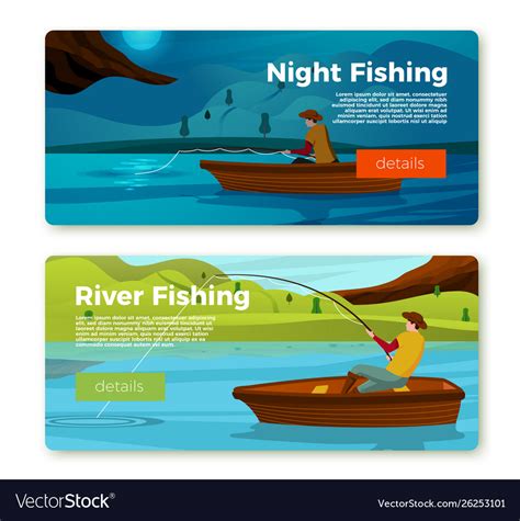 Banners Set Fisherman On Boat Day Night Vector Image