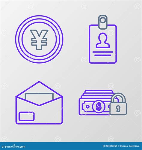 Set Line Money With Lock Envelope Identification Badge And Coin Money