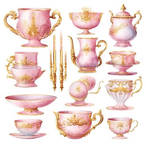 There Are Many Different Types Of Pink And Gold Tea Cups And Saucers