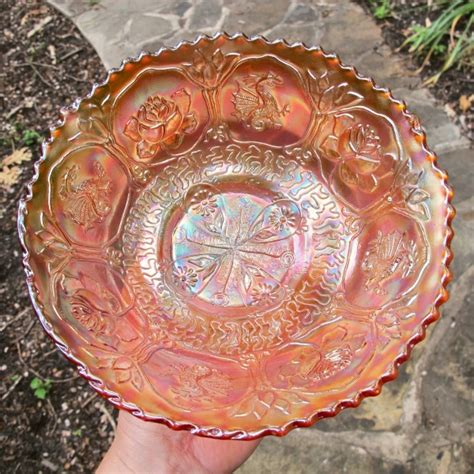 Antique Fenton Dragon And Lotus Pumpkin Marigold Carnival Glass Ics Bowl Rainbows Carnival Glass