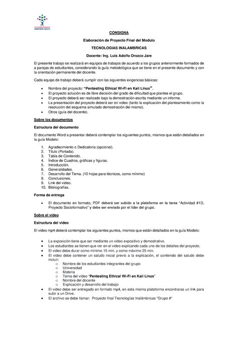 Consigna Proyecto Final CONSIGNA Elaboración de Proyecto Final del Modulo TECNOLOGIAS