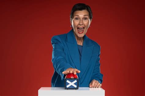 Front View Woman Pressing A Buzzer Free Photo