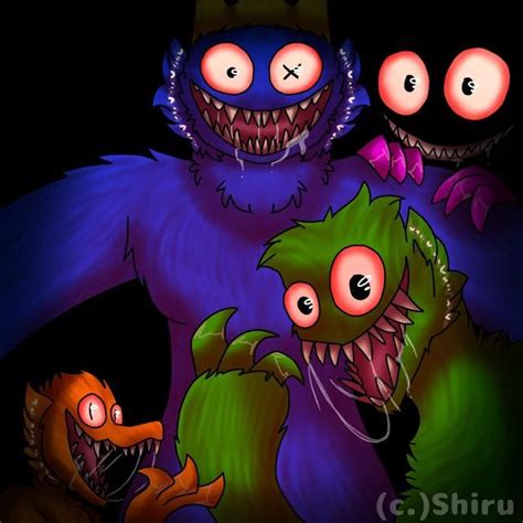 Three Cartoon Monsters Are Standing Next To Each Other