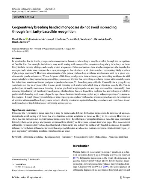 Pdf Cooperatively Breeding Banded Mongooses Do Not Avoid Inbreeding Through Familiarity Based