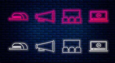 세트 라인 메가폰 스크린과 좌석이 있는 시네마 강당 비문 감독과 온라인 플레이 비디오가 있는 캡 벽돌 벽에 빛나는 네온 아이콘입니다 벡터 Premiere에 대한 스톡 벡터