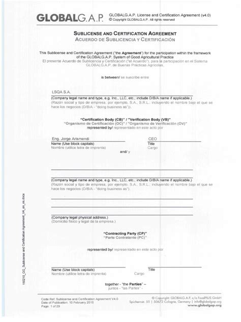 Sublicense And Certification Agreement Lsqa V4 Globalg A P Corta Pdf