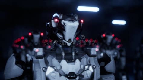 3d Rendering Of Robotics Army Industrial Group Of Cyborg Machines On
