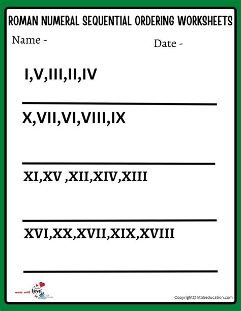 The Roman Numeral Sequence Worksheet Is Shown In Green And White With
