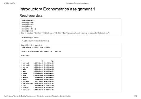 Introductory Econometrics Assignment 1 Library Tidyverse Library