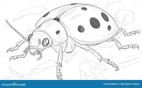 Detailed Ladybug Illustration Black And White Vector Line Drawing Perfect For Coloring Stock