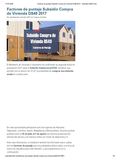 Factores De Puntaje Subsidio Compra De Vivienda Ds49 2017 Subsidios