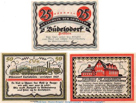3 Scheine kpl 3 x Notgeld der Gemeinde Büdelsdorf 200 1 Set mit 3