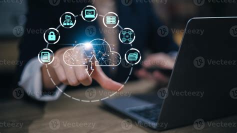 Women Touching Cloud Computing Diagrams Cloud Technology Data Storage Networking And Internet