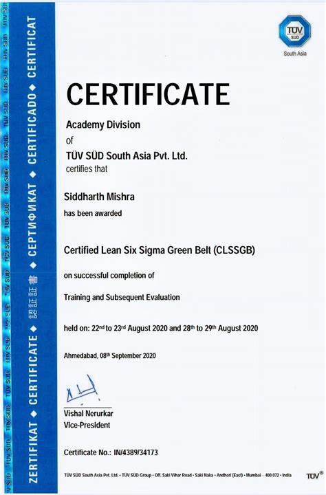 Certified Six Sigma Green Belt Learning Training Tuvsud Siddharth Mishra