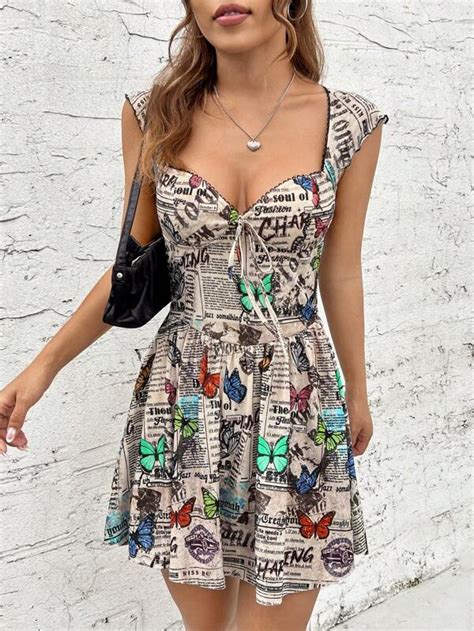 Shein Qutie Butterfly And Newspaper Print Sweetheart Neck Tie Front Dress