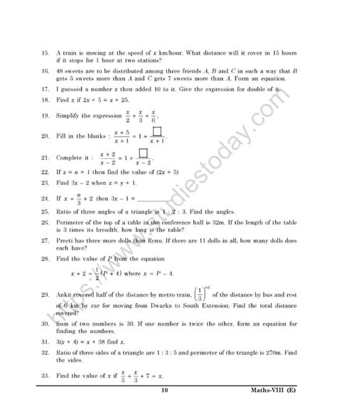 Cbse Class 8 Mental Maths Linear Equations In One Variable Worksheet