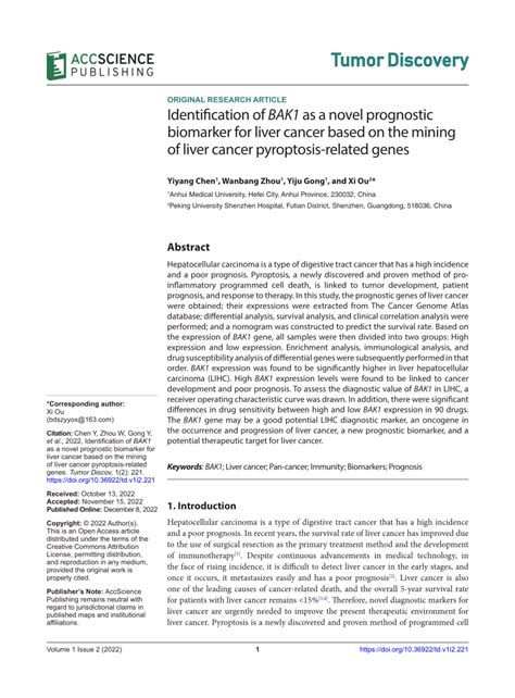 PDF A Identification Of BAK1 As A Novel Prognostic Biomarker For