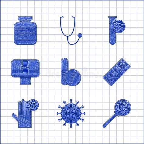 Set Medicine Pill Or Tablet Virus Under Magnifying Glass Pills