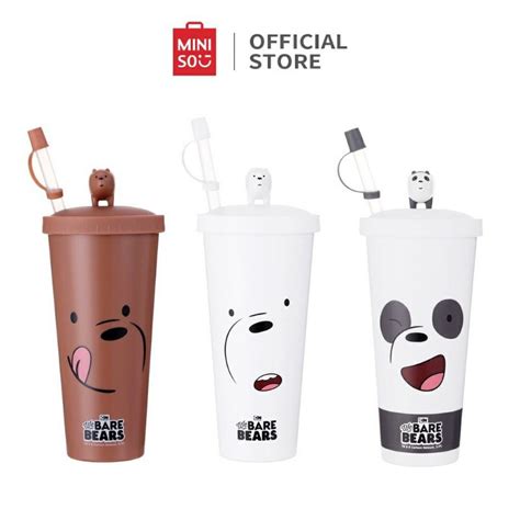 Miniso Ml Plastic Straw Drinking Bottle We Bare Bear Tumbler Water Bottle Plastic Straw