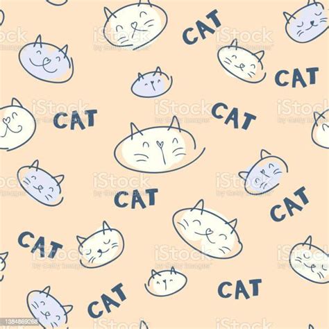 손으로 그린 새끼 고양이 얼굴과 텍스트 Cat의 매끄러운 패턴 티셔츠 직물 및 인쇄에 적합합니다 장식과 디자인을위한 낙서 벡터