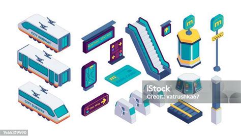 아이소메트릭 메트로 컬렉션 기차 터널 에스컬레이터 개찰구 도시 대도시 교통 개념이 있는 도시 지하철역 요소 벡터 절연 세트 개념에 대한 스톡 벡터 아트 및 기타 이미지