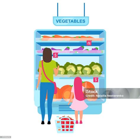 녹색 식료품 평면 벡터 그림에서 야채를 선택하는 여성입니다 어머니와 딸은 식료품 점 만화 캐릭터에서 토마토를 선택합니다 슈퍼마켓에서 쇼핑 쇼핑몰에서 구매하는 고객 건강한