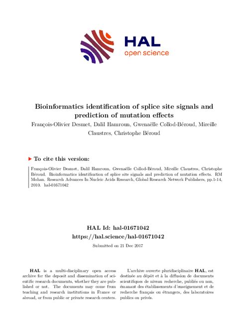 Pdf Bioinformatics Identification Of Splice Site Signals And Prediction Of Mutation Effects