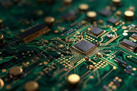 Macro View Of Green Circuit Board With Microchips And Golden