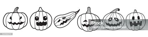 다양한 할로윈 호박 세트 다른 얼굴과 감정을 가진 호박 캐릭터 검은 선으로 스케치 낙서 그리기 유령 등불 신비한 생물 귀엽고 무섭고 무서워 벡터 10월에 대한 스톡 벡터
