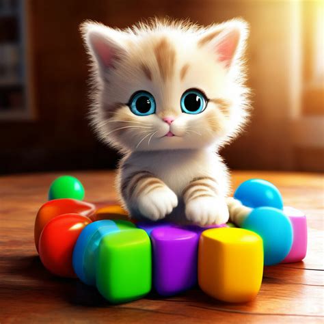 Мультяшный котенок собирает кубики — картинка создана в Шедевруме