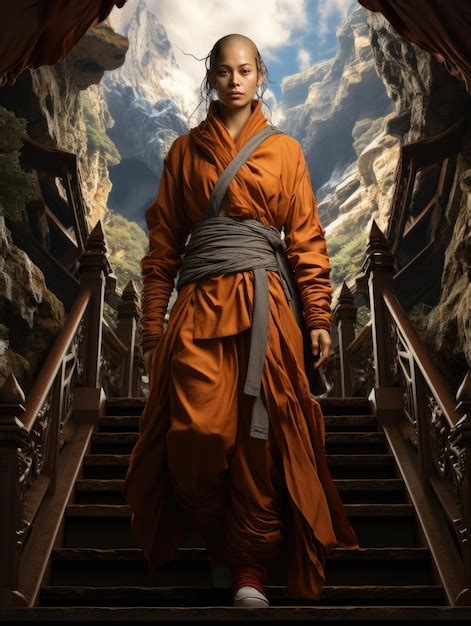 Premium Ai Image China Young Female Shaolin Asia Monk In Monastery