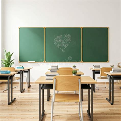School Classroom With School Desks And Blackboard Stock Illustration